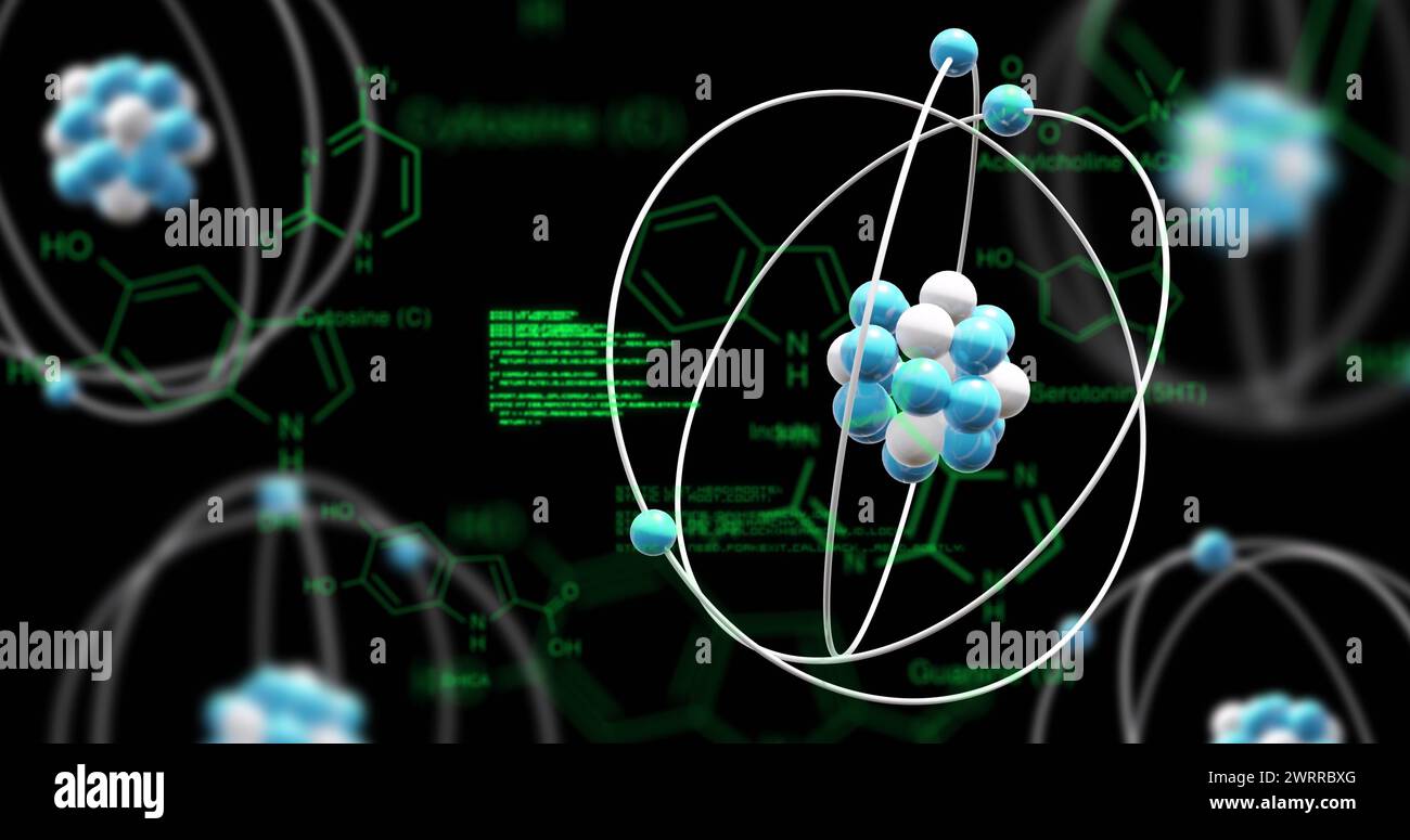 Image of atom model spinning and data processing on black background ...