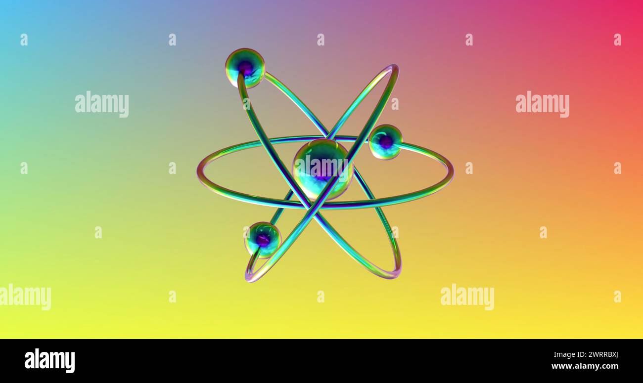 Image of atom model spinning over gradient vibrant background Stock ...