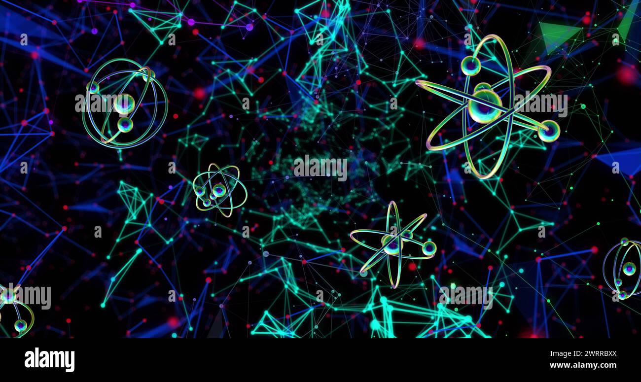 Image of atom models spinning and connections on black background Stock ...