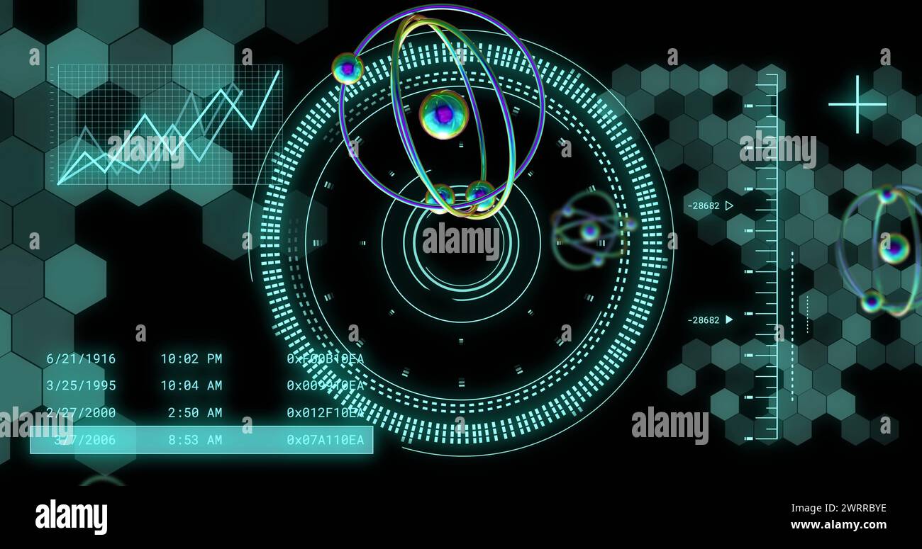 Image of atom model spinning and data processing on black background ...