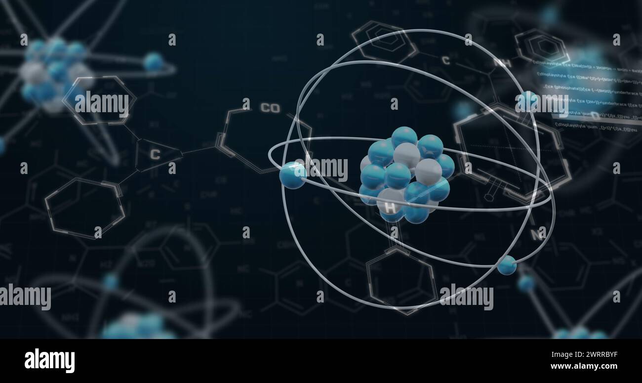Image of atom model spinning and data processing on black background ...