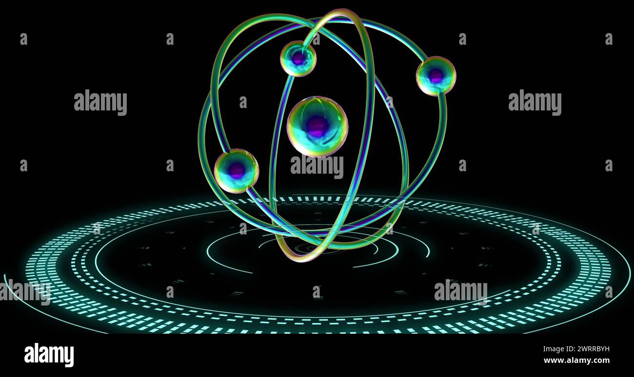 Image of atom model spinning and data processing on black background ...