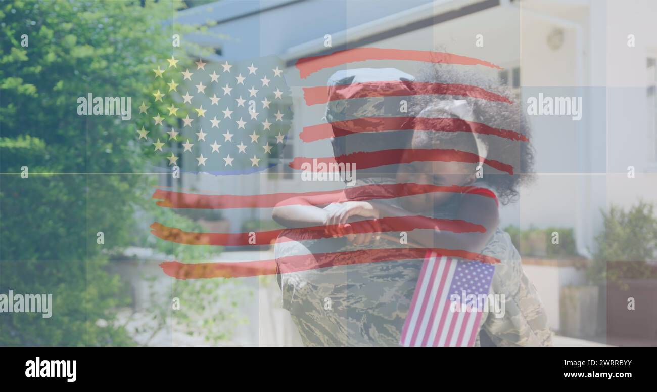 Image of flag of usa waving over crying african american soldier and ...