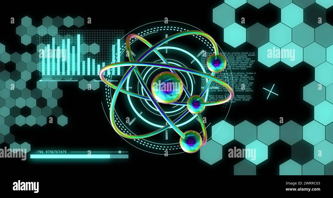 Image of atom model spinning and data processing on black background Stock Photo - Alamy