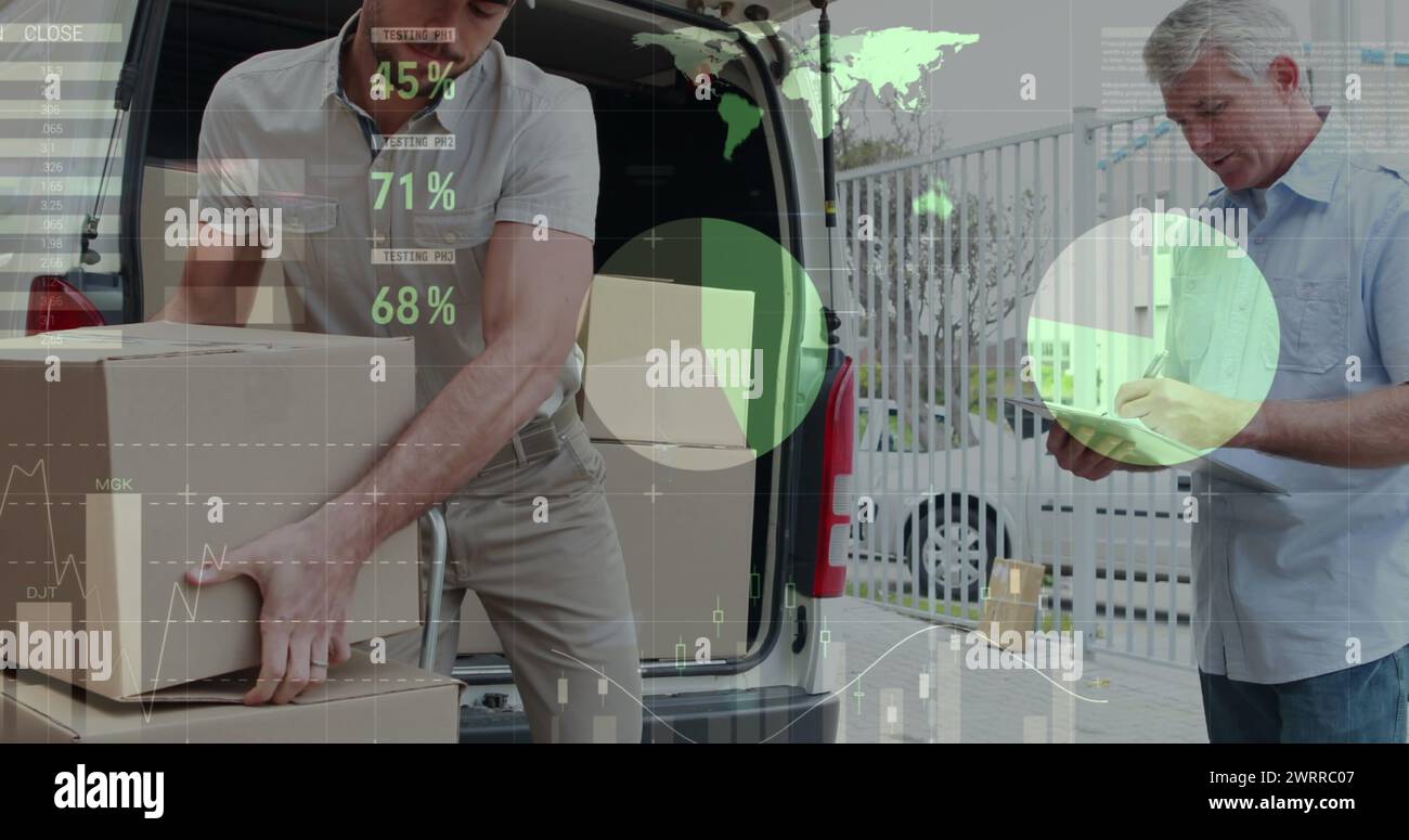 Image of statistics and financial data processing over delivery man and van Stock Photo - Alamy