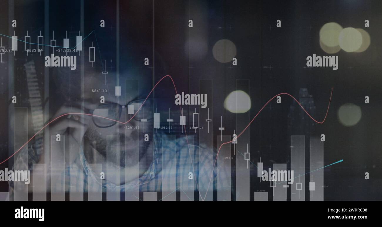 Image of financial data processing over tired man using computer Stock ...