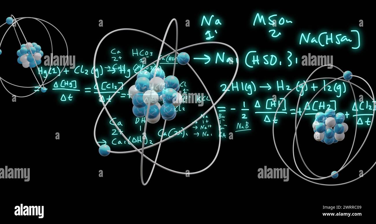 Image of atom model spinning and data processing on black background ...