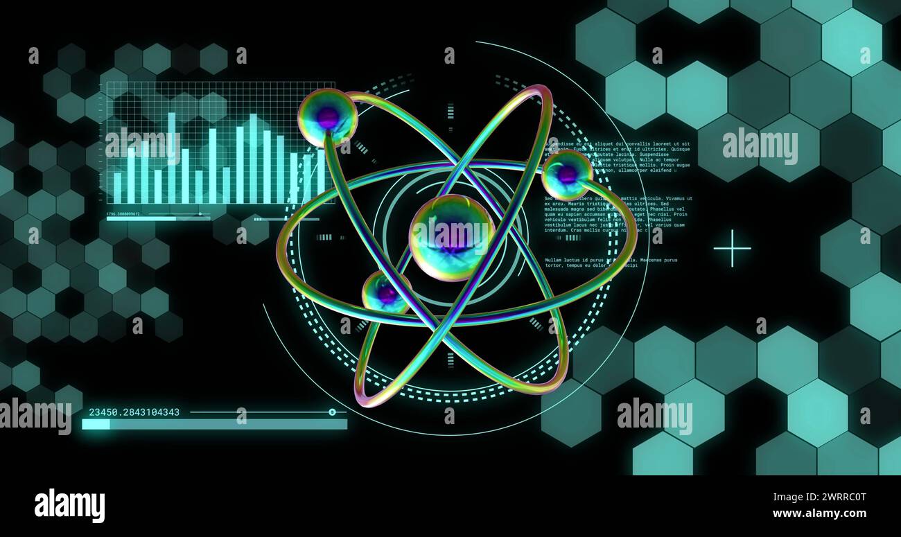 Image of atom model spinning and data processing on black background ...