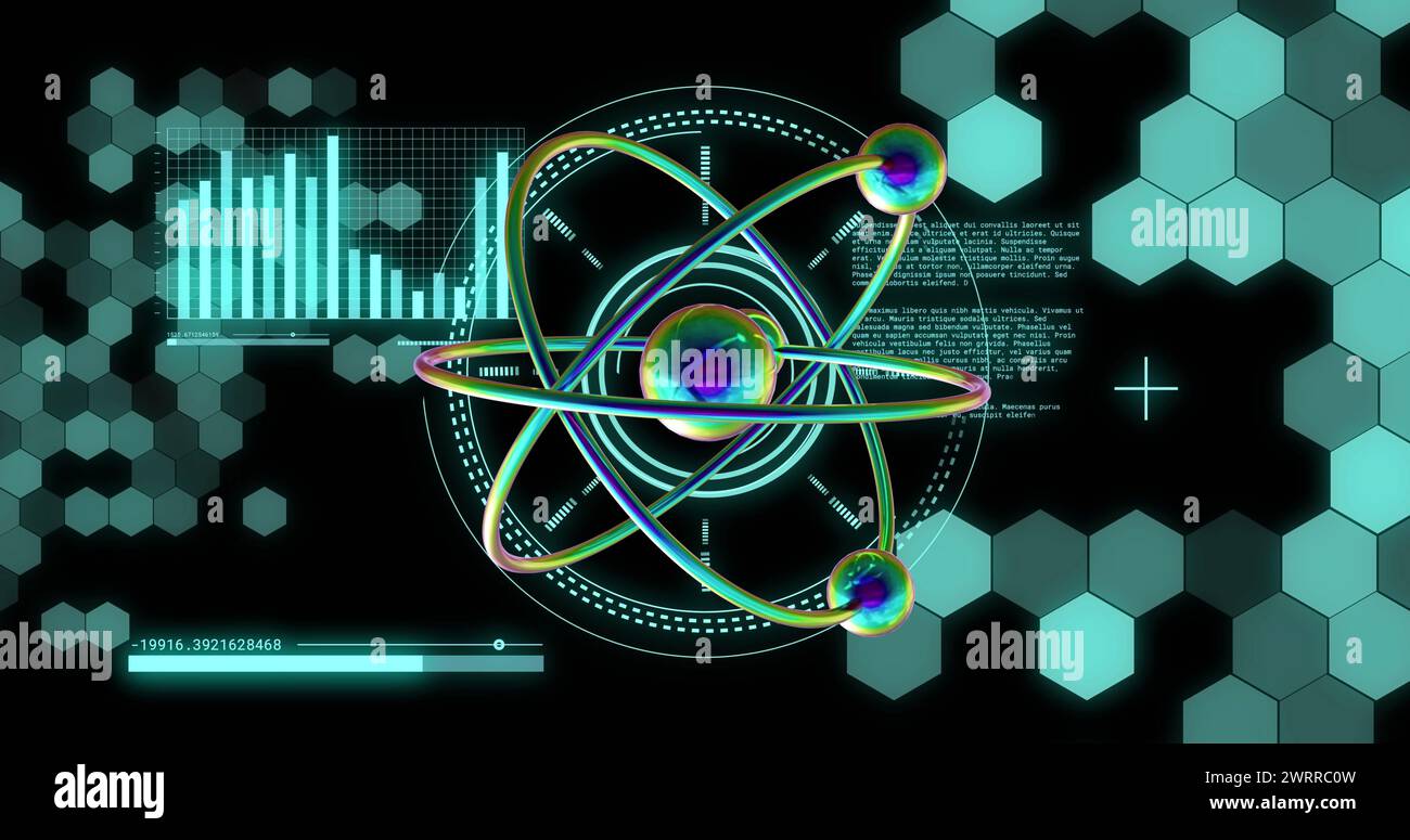 Image of atom model spinning and data processing on black background ...