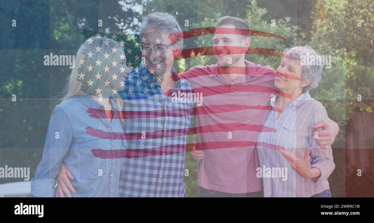 Image of flag of united states of america waving over smiling caucasian ...