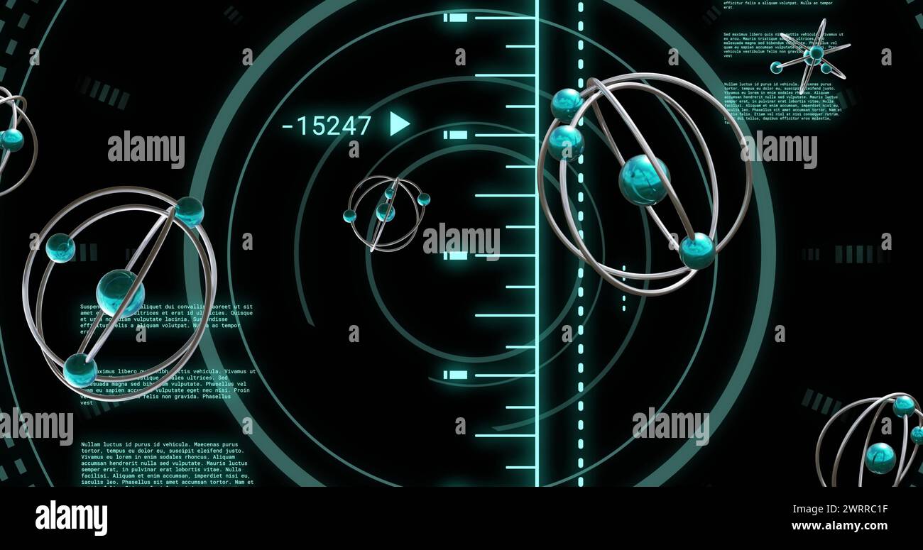 Image of atom model spinning and data processing on black background ...