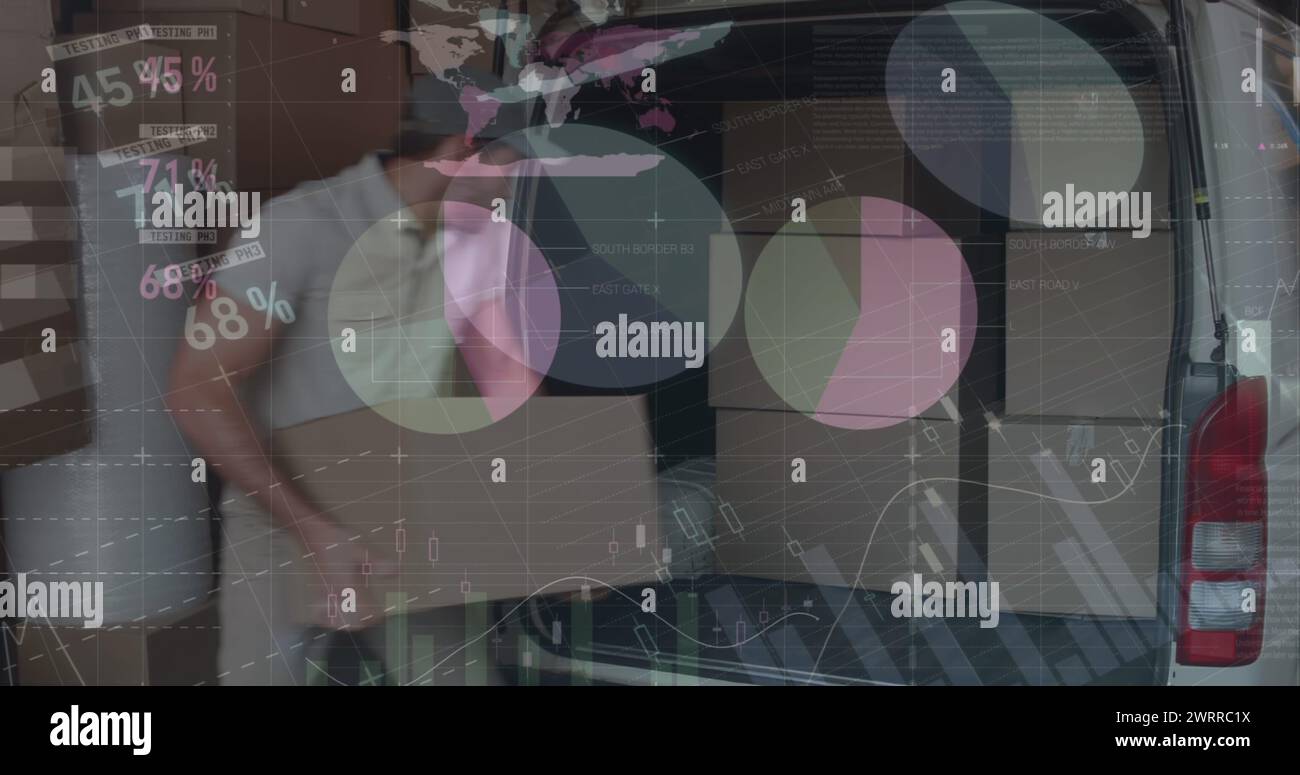 Image of statistics and financial data processing over delivery man and van Stock Photo - Alamy
