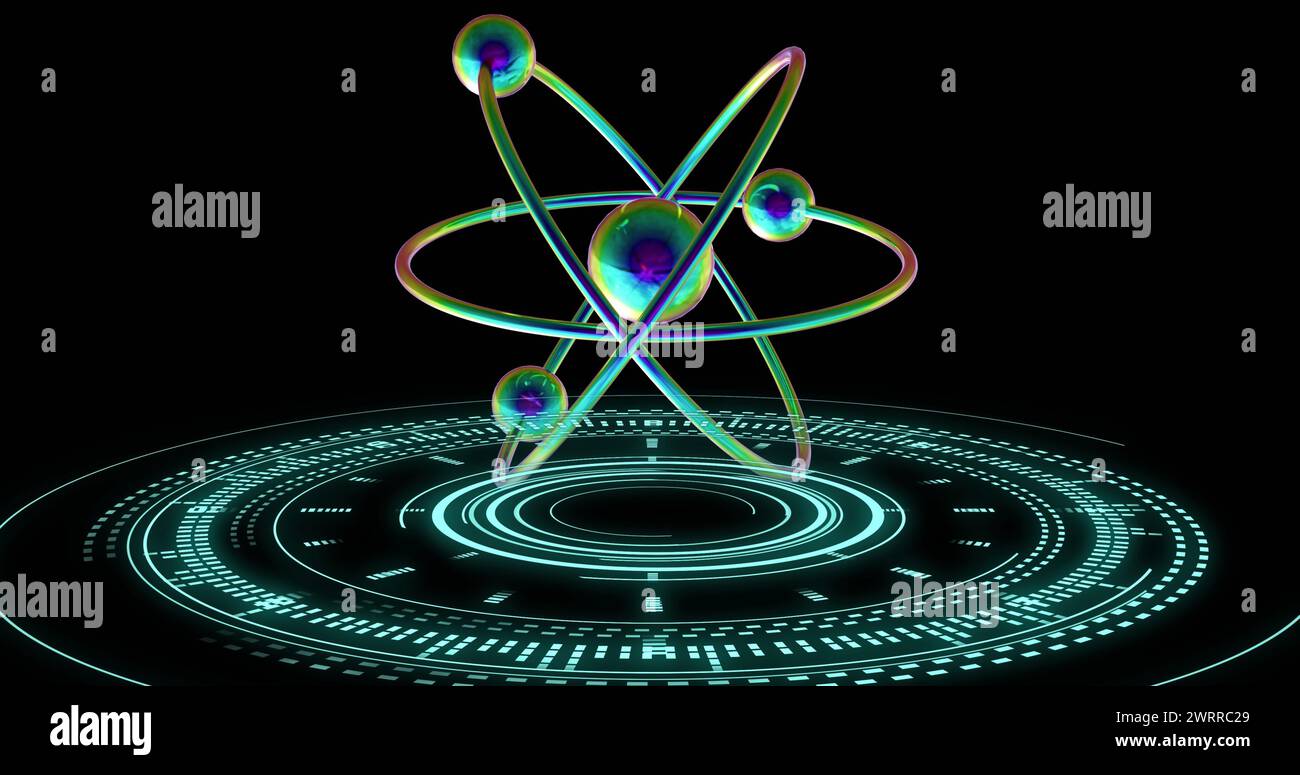 Image of atom model spinning and data processing on black background ...