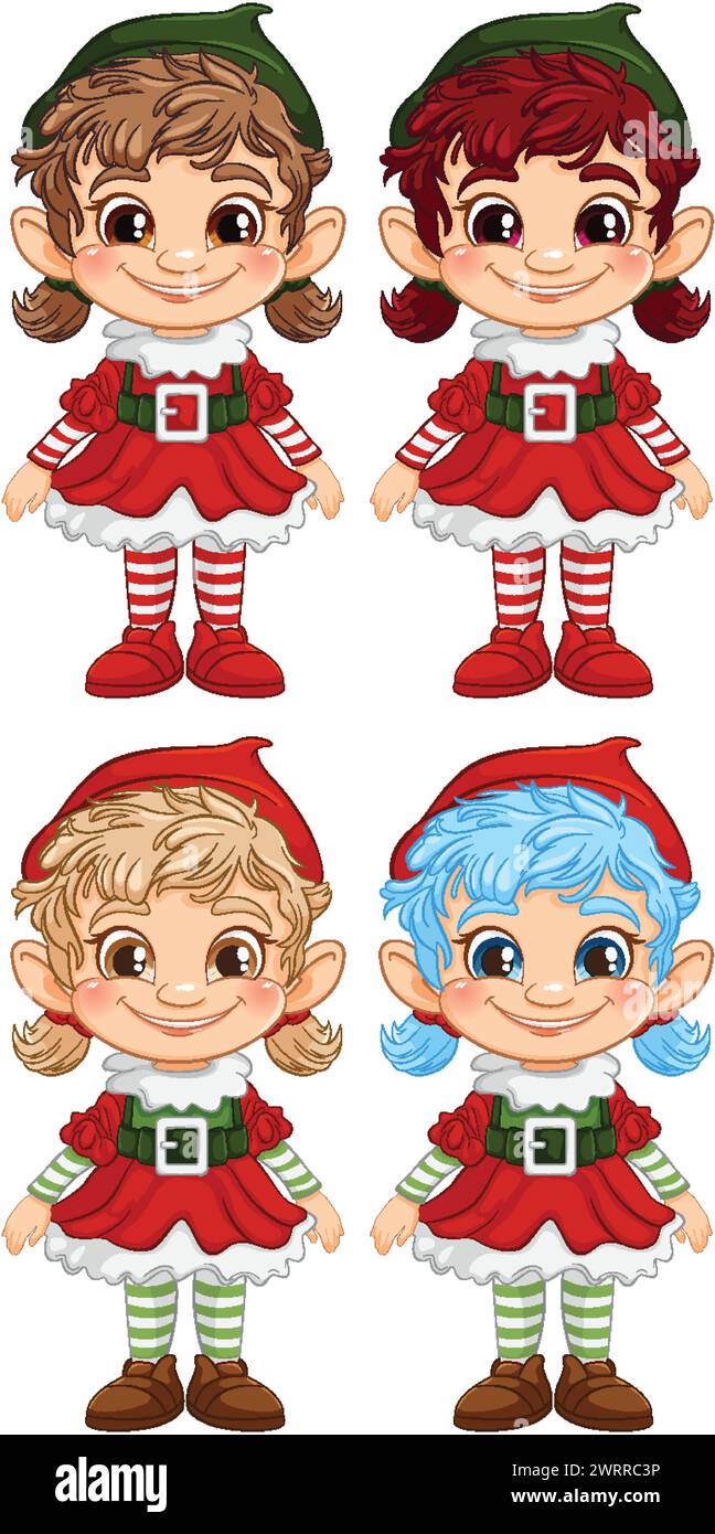 Four cheerful elves in various festive outfits Stock Vector Image & Art ...