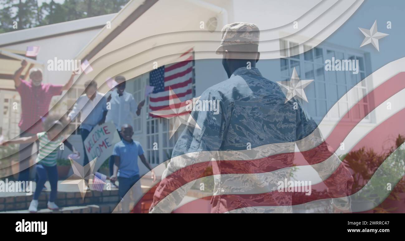 Image of flag of united states of america waving over african american ...