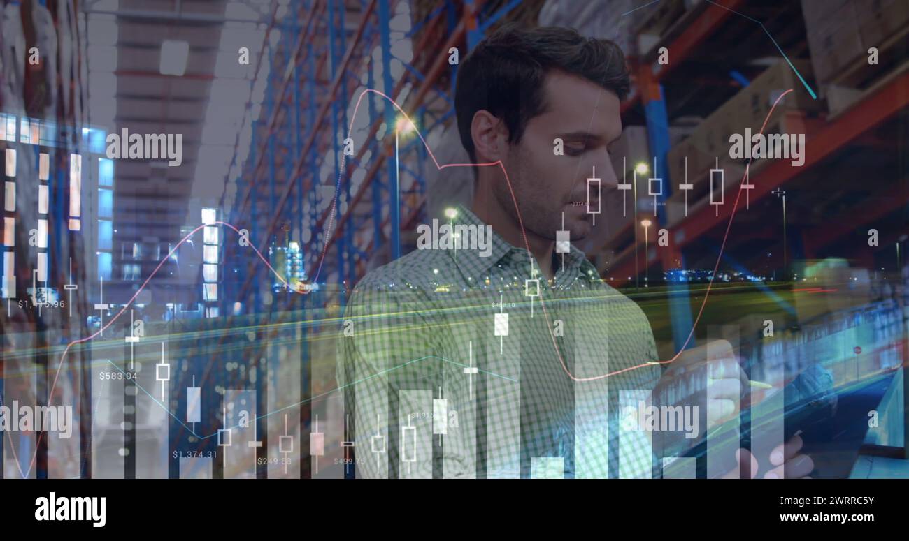 Statistical data processing against caucasian male supervisor checking ...