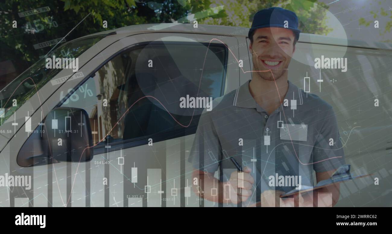 Image of statistics and financial data processing over delivery man and van Stock Photo - Alamy