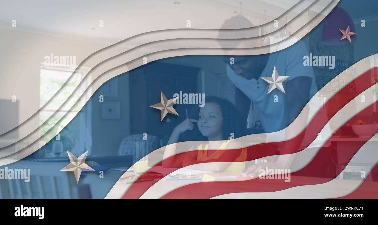 Image of flag of usa waving over african american father doing homework ...
