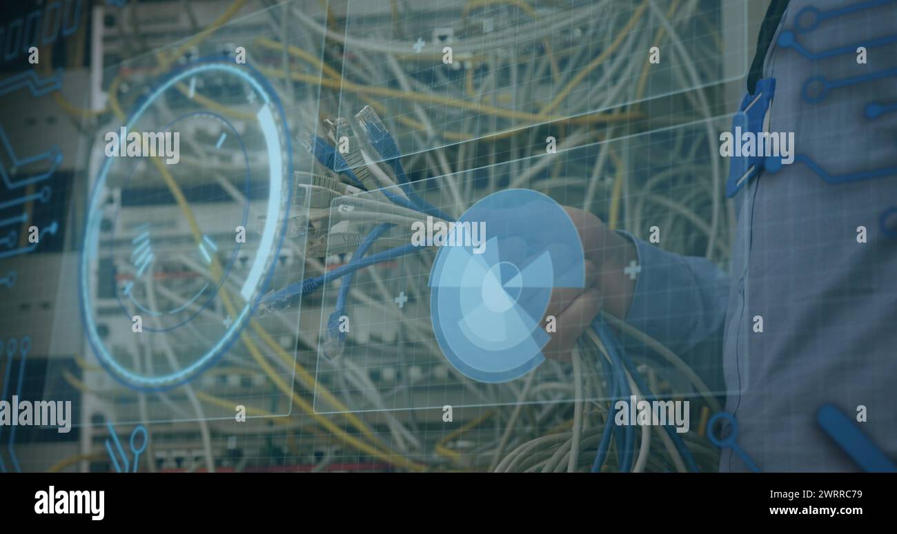 Image of data processing over mid section of male engineer holding wires at server room Stock ...