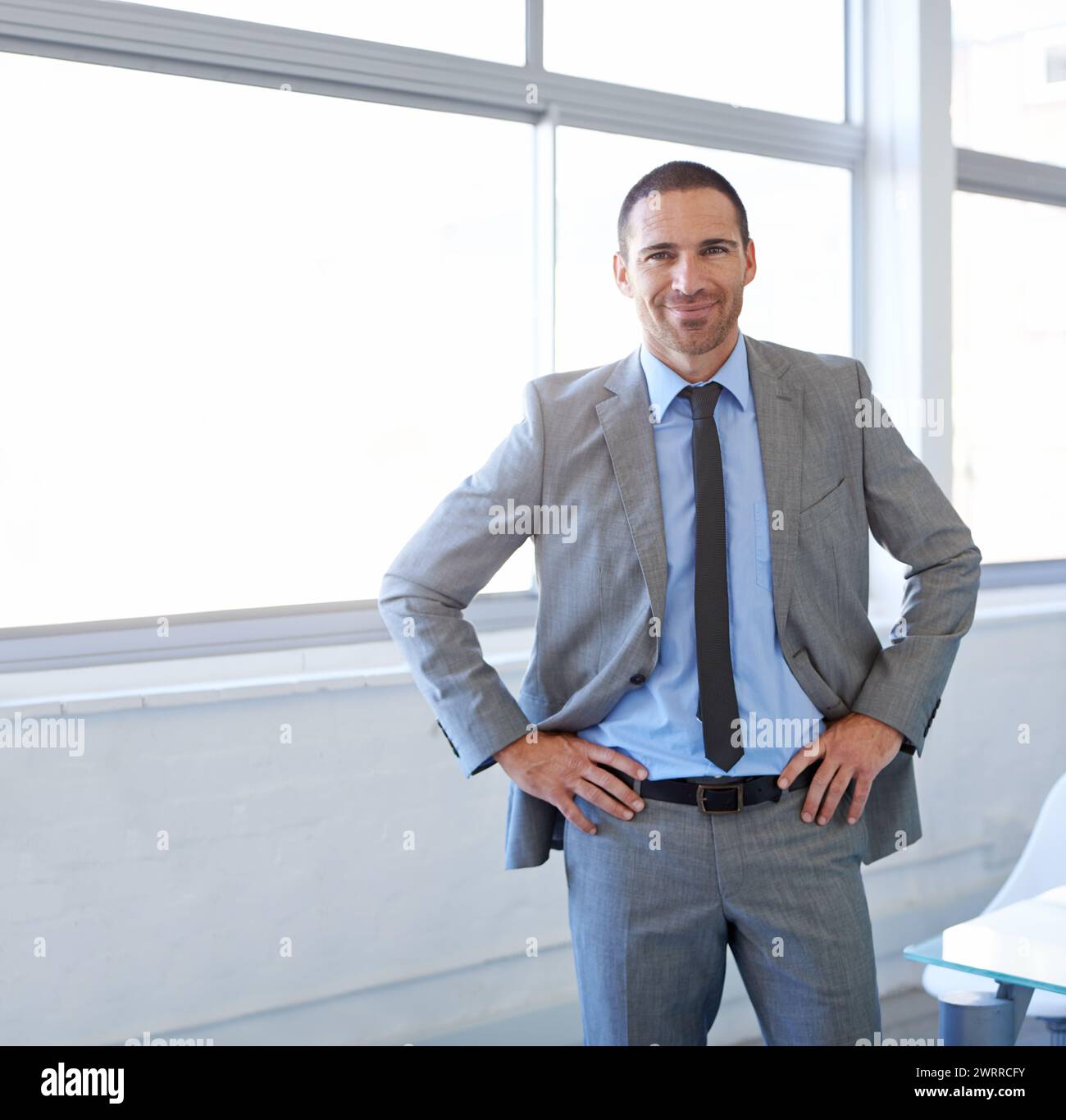 Office, window and confident portrait of man in conference room for ...