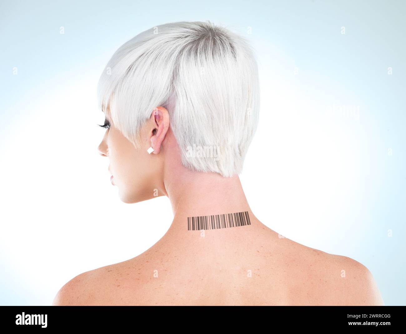 Back, woman and barcode on her neck, data and registration on a blue ...