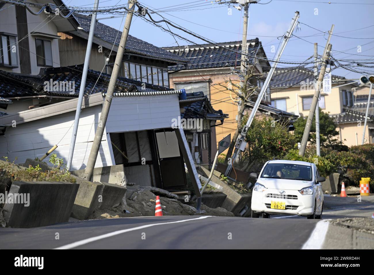 Uchinada, Ishikawa Prefecture, on March 13, 2024, shows a road elevated ...
