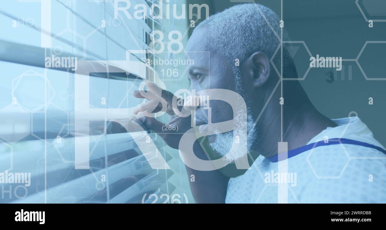 Image of chemical names and forms over happy senior male hospital ...