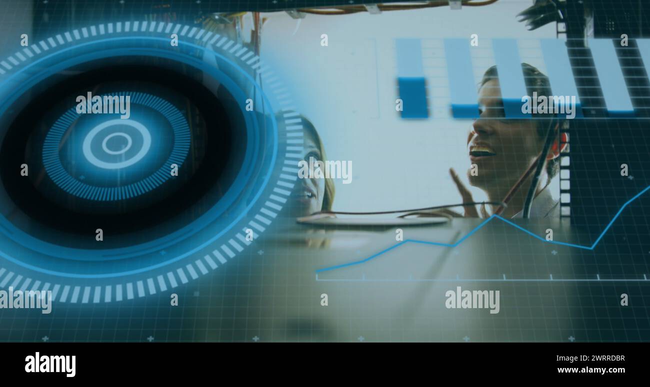 Image of scope scanning and data processing over caucasian male it technician by computer server ...