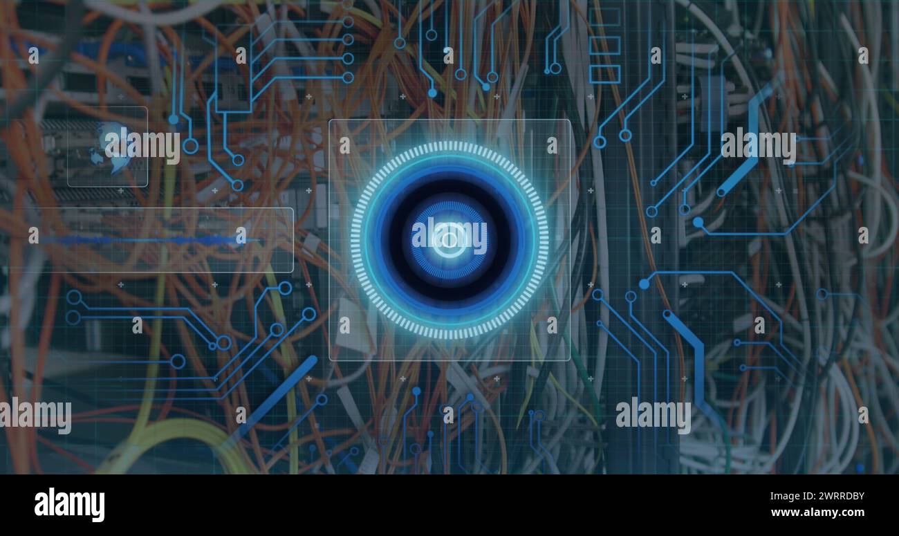 Image of scope scanning, circuit board and data processing over cables in computer server Stock ...