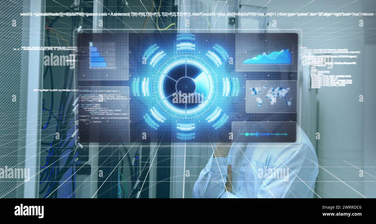 Image of scope scanning and data processing over caucasian male it technician by computer server ...