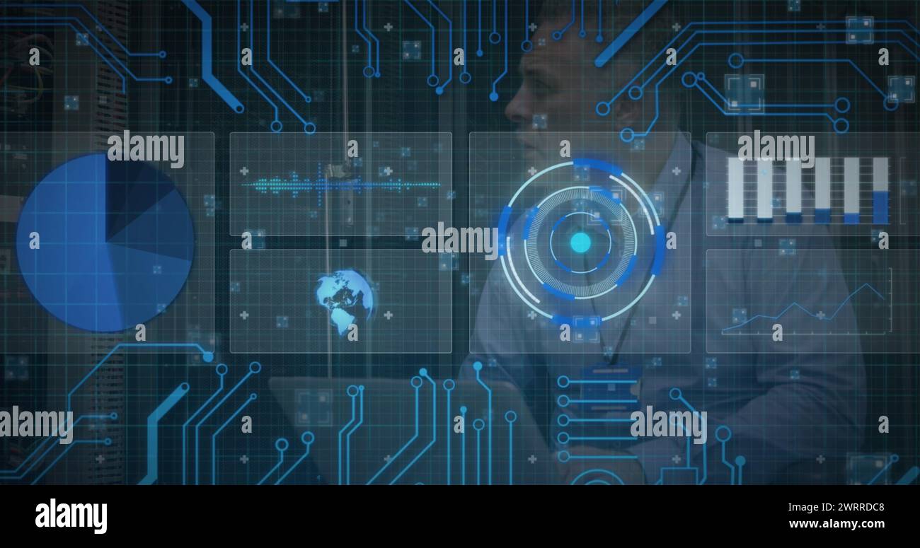 Image Of Scope Scanning And Data Processing Over Caucasian Male It Technician By Computer Server 
