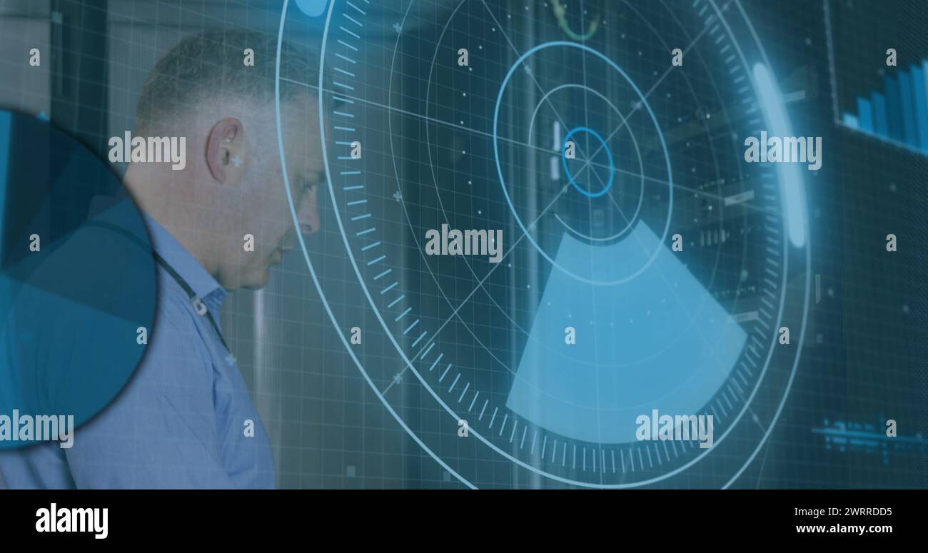 Image of scope scanning and data processing over caucasian male it technician by computer server ...