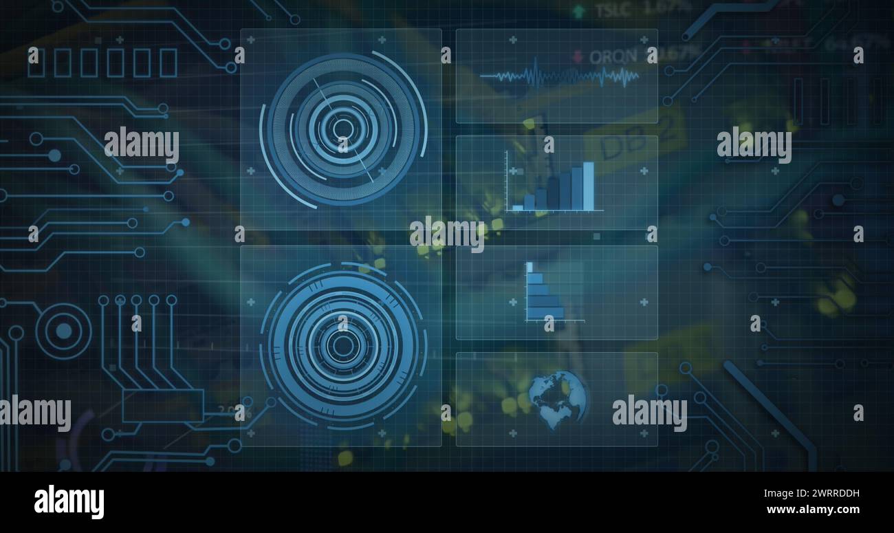 Image of scopes scanning over cables in computer server. global computing and data processing ...