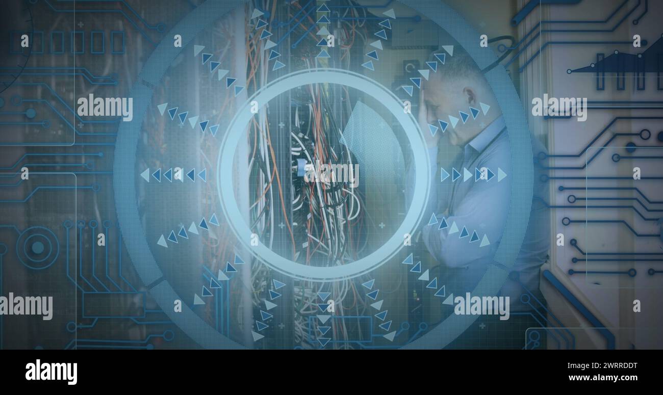 Image of scope scanning and data processing over caucasian male it technician by computer server ...