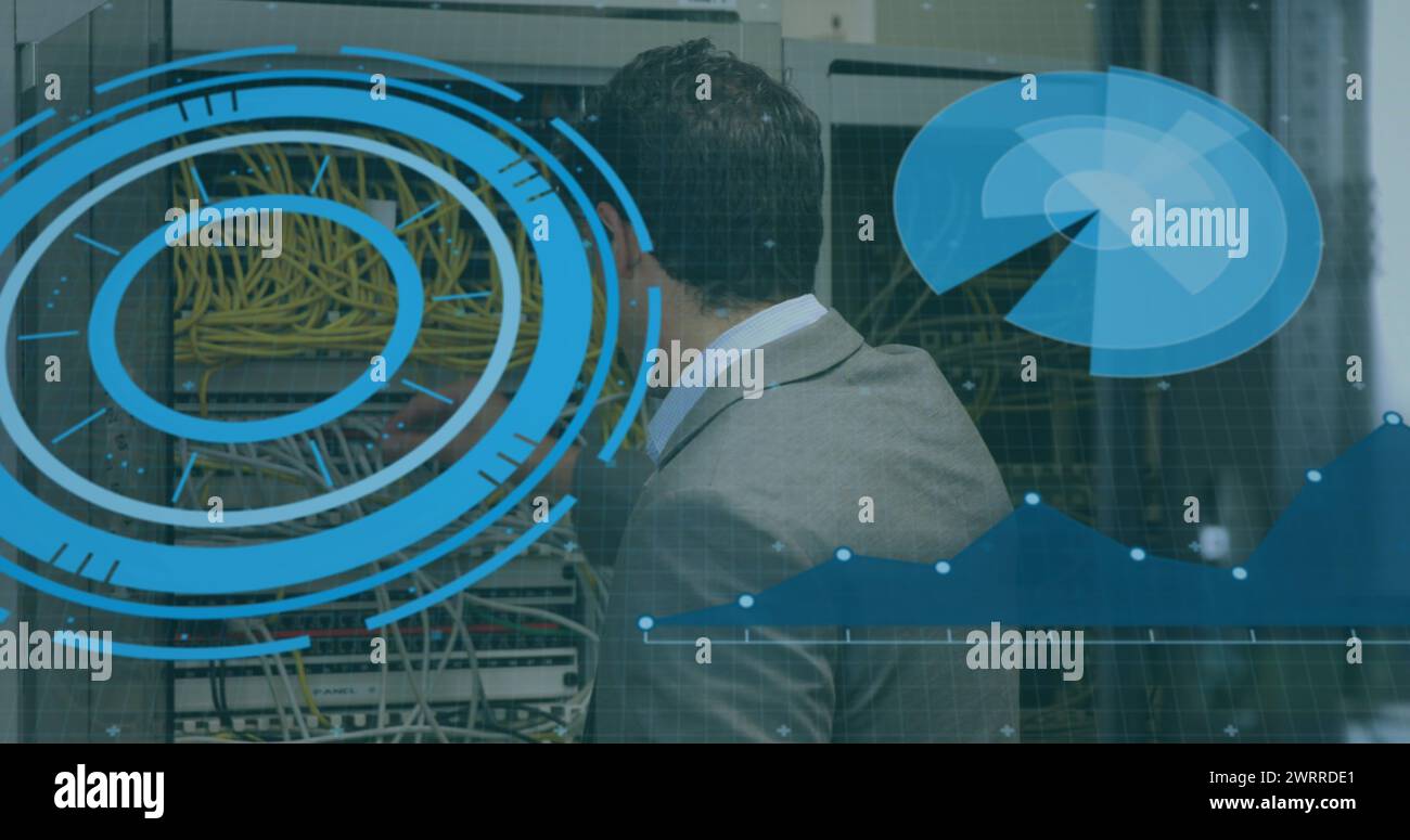Image of scope scanning over caucasian male it technician fixing cables in computer server Stock ...