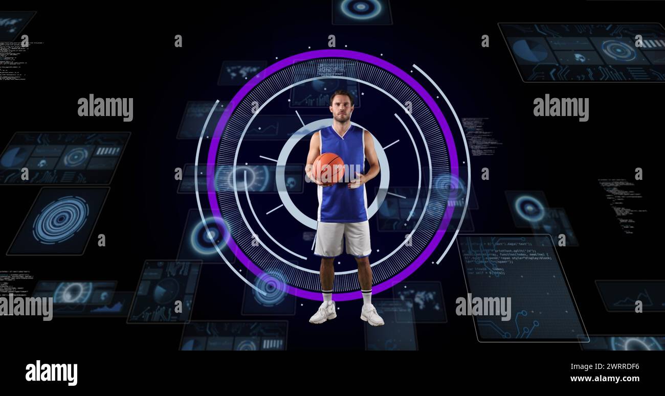 Image of caucasian male basketball player over scope scanning on black ...