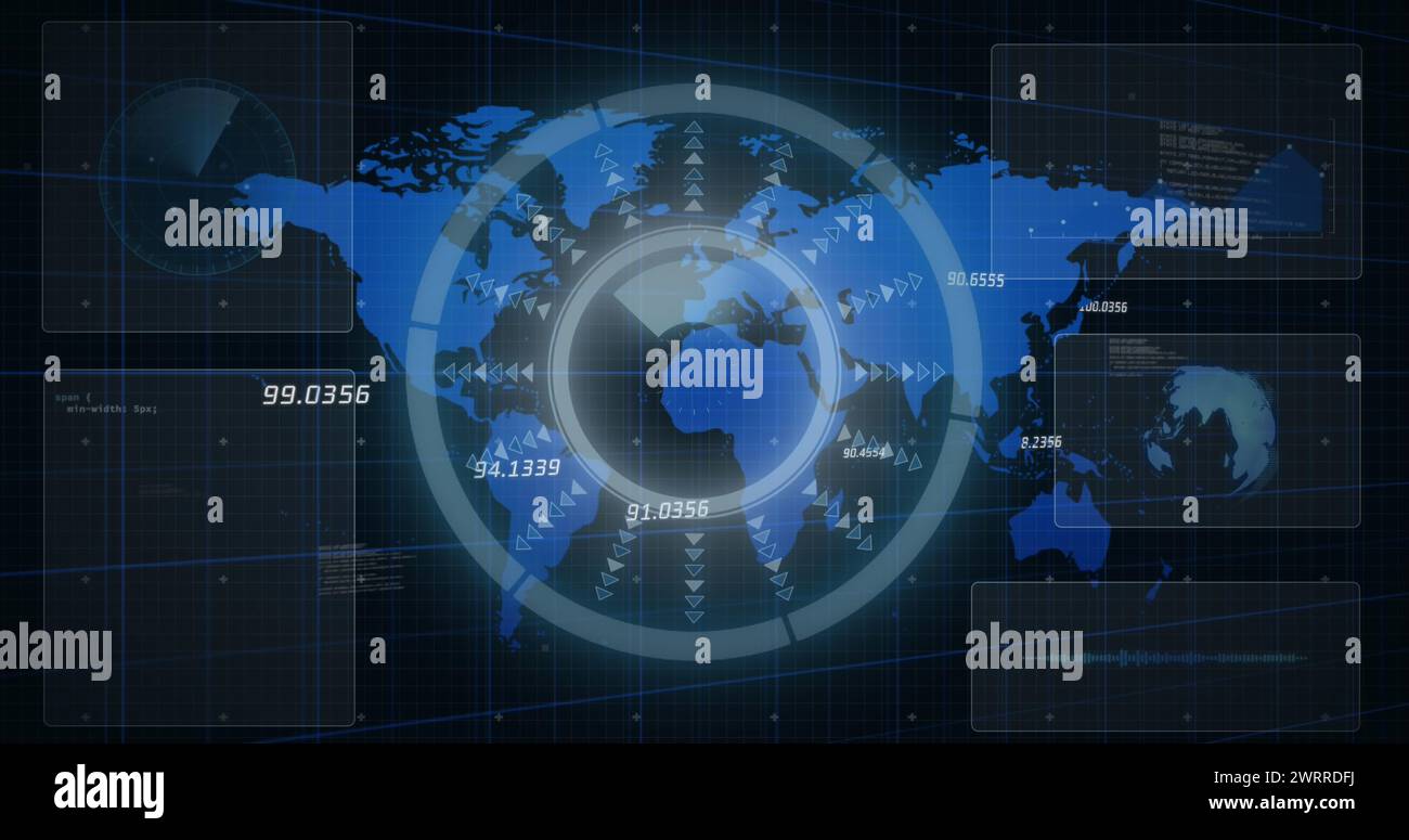 Image of scope scanning over grid and world map Stock Photo - Alamy