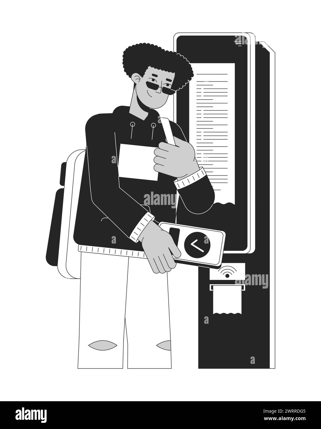 Hispanic guy paying for ticket with NFC black and white 2D line cartoon ...