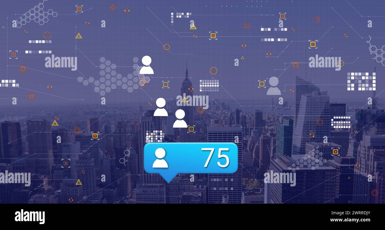 Image of social media icons and data processing over cityscape. Global ...