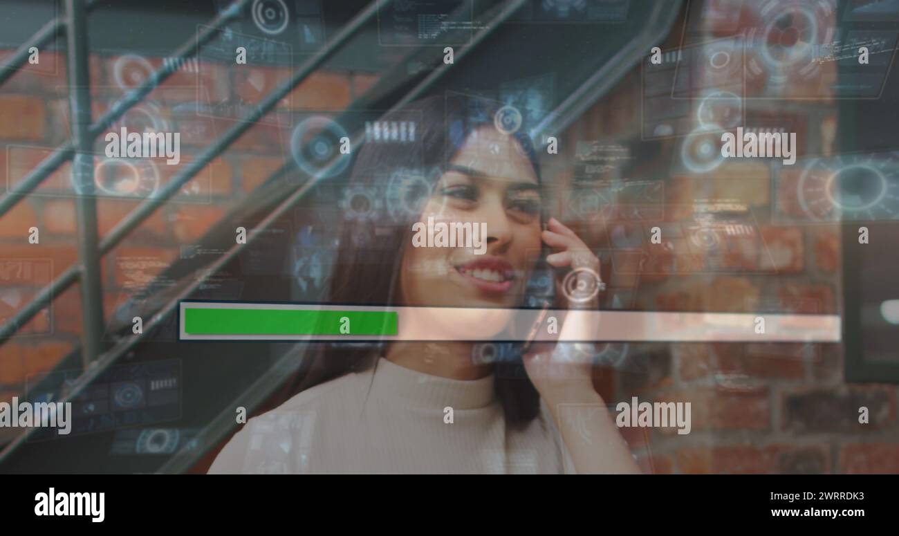 Image of data on digital screen over happy biracial woman having call ...