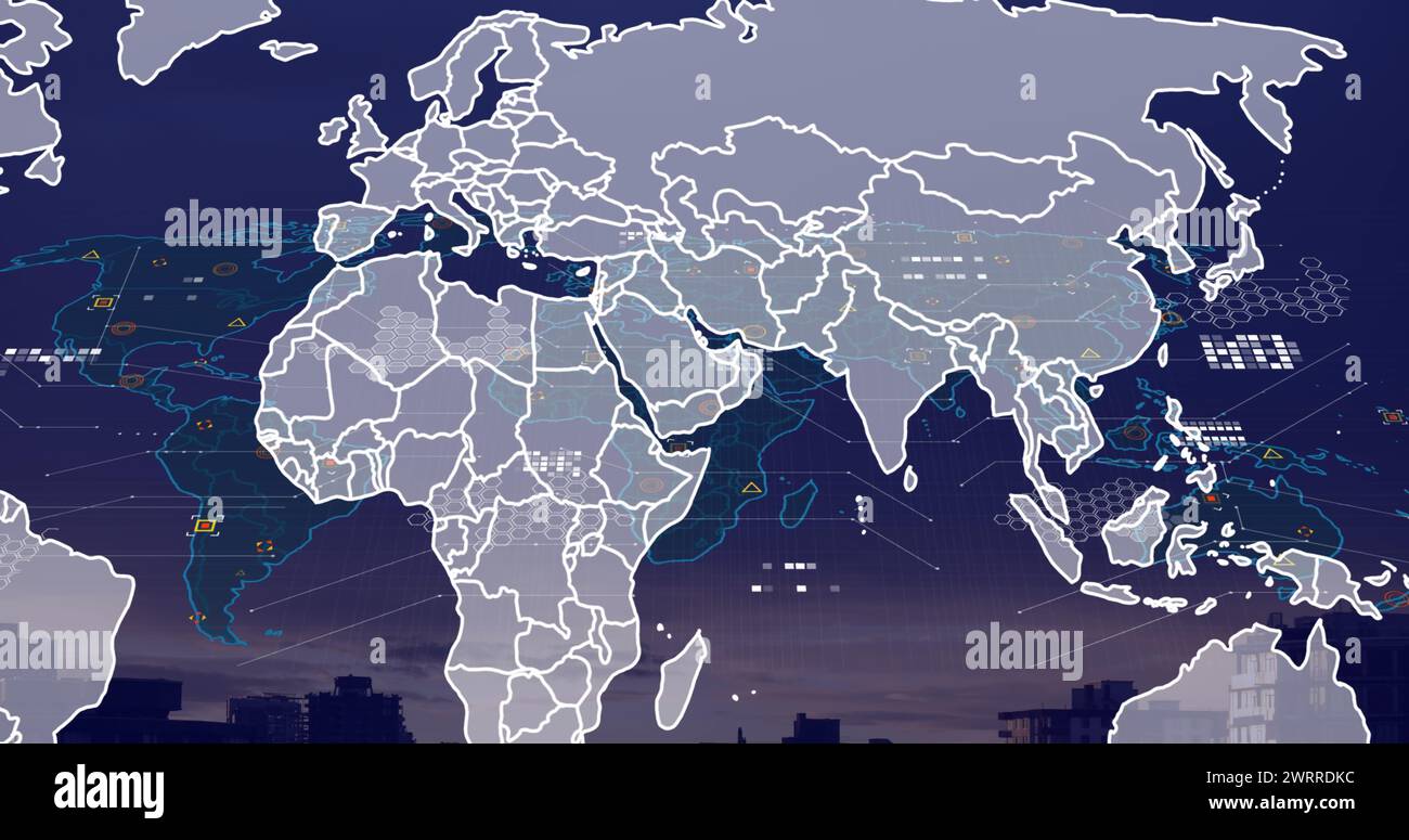 Image of world map with data processing over cityscape Stock Photo - Alamy