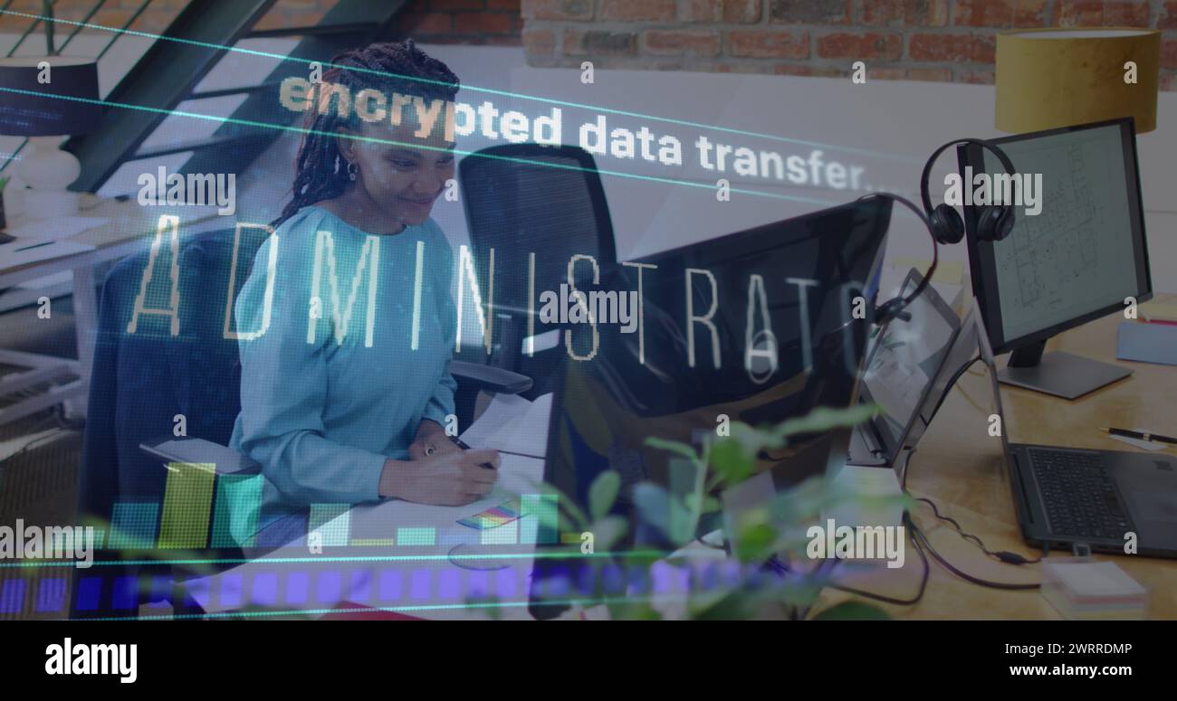 Image of administrator and graphs over african american woman in office ...