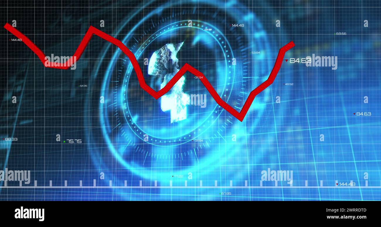 Image of financial data processing over scope scanning with pound symbol on black background ...