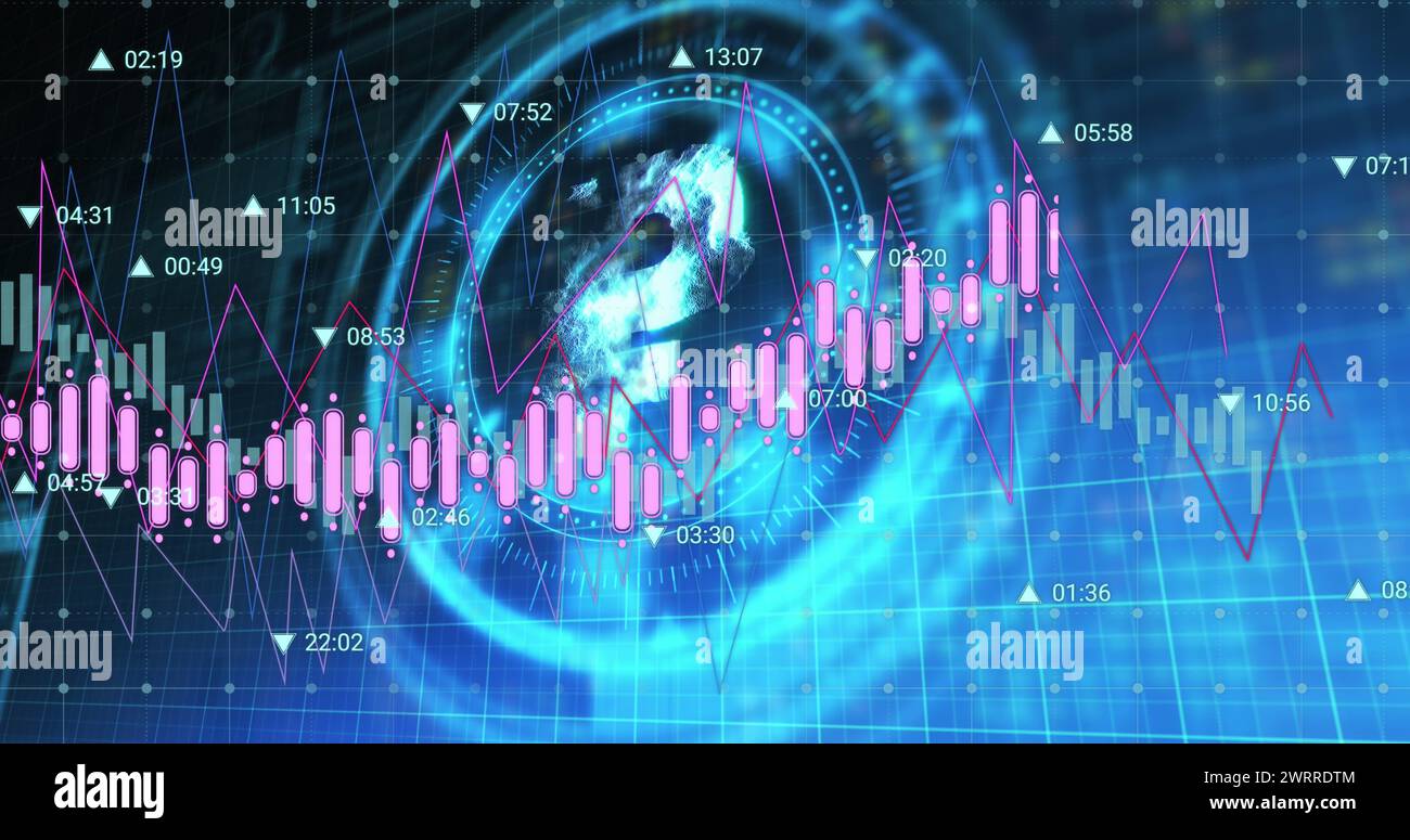 Image of financial data processing over scope scanning with pound symbol on black background ...