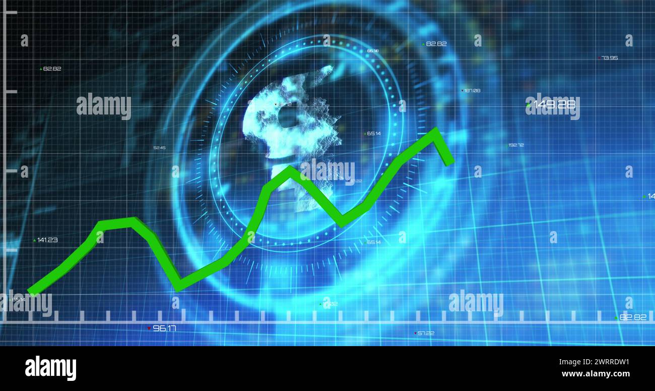 Image of financial data processing over scope scanning with pound symbol on black background ...