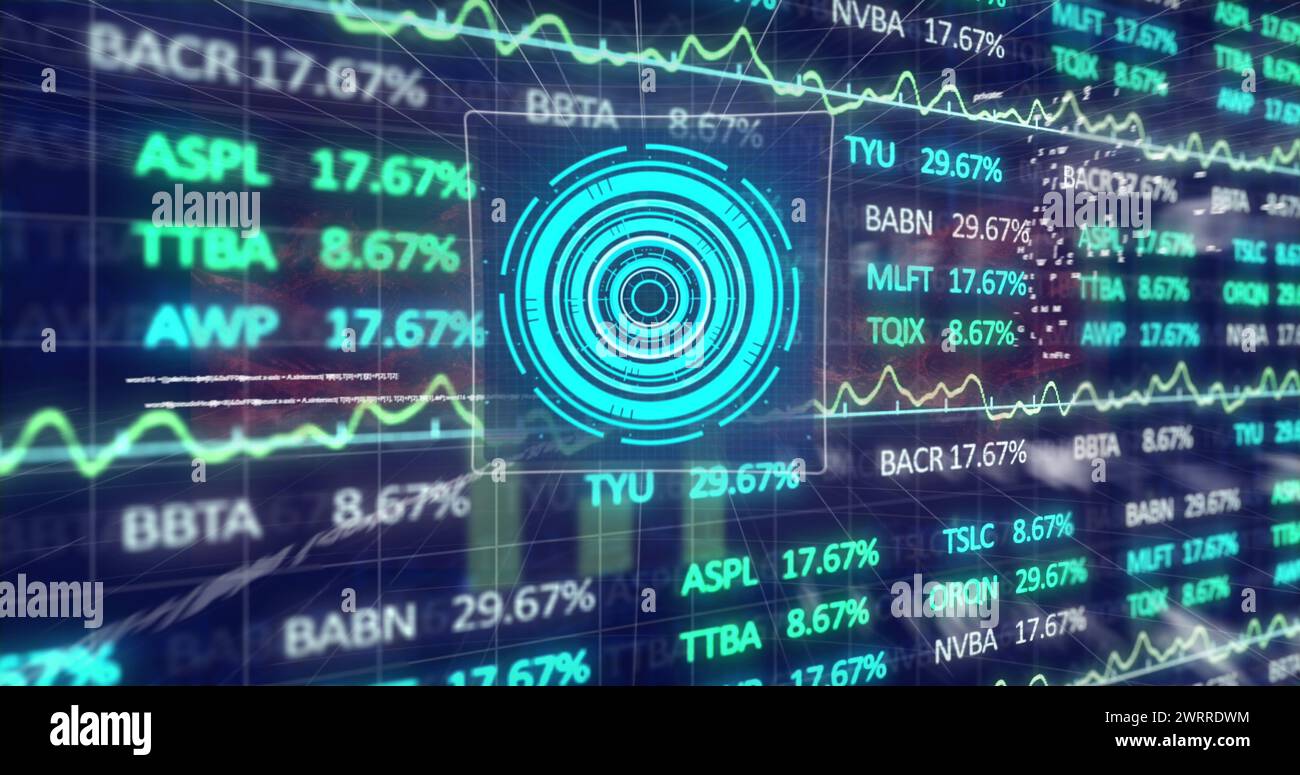 Image of financial data processing and scope scanning on black ...