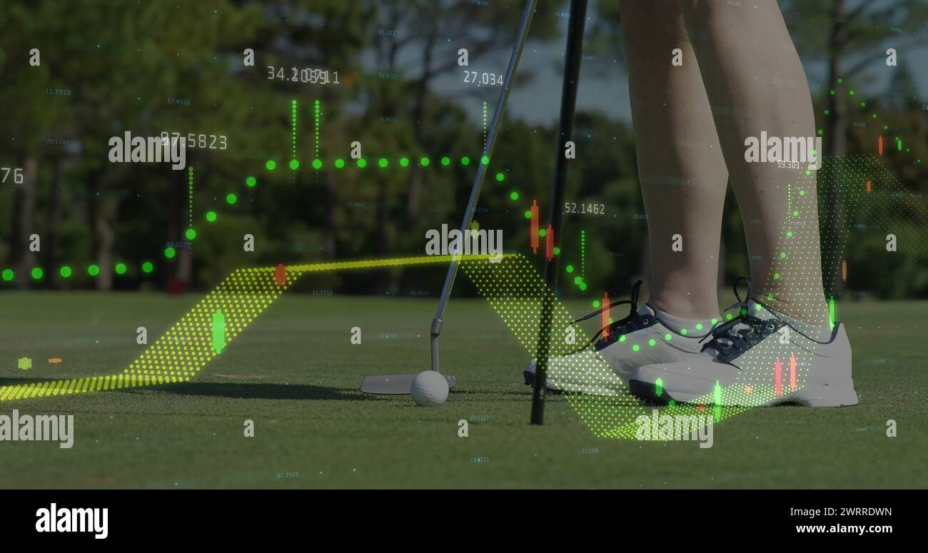 Image of data processing over female golf player on golf course. Global sports, competition ...