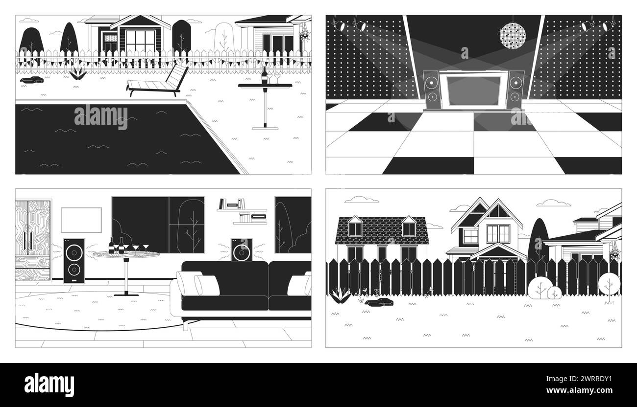 Party celebration locations black and white line illustration set Stock ...