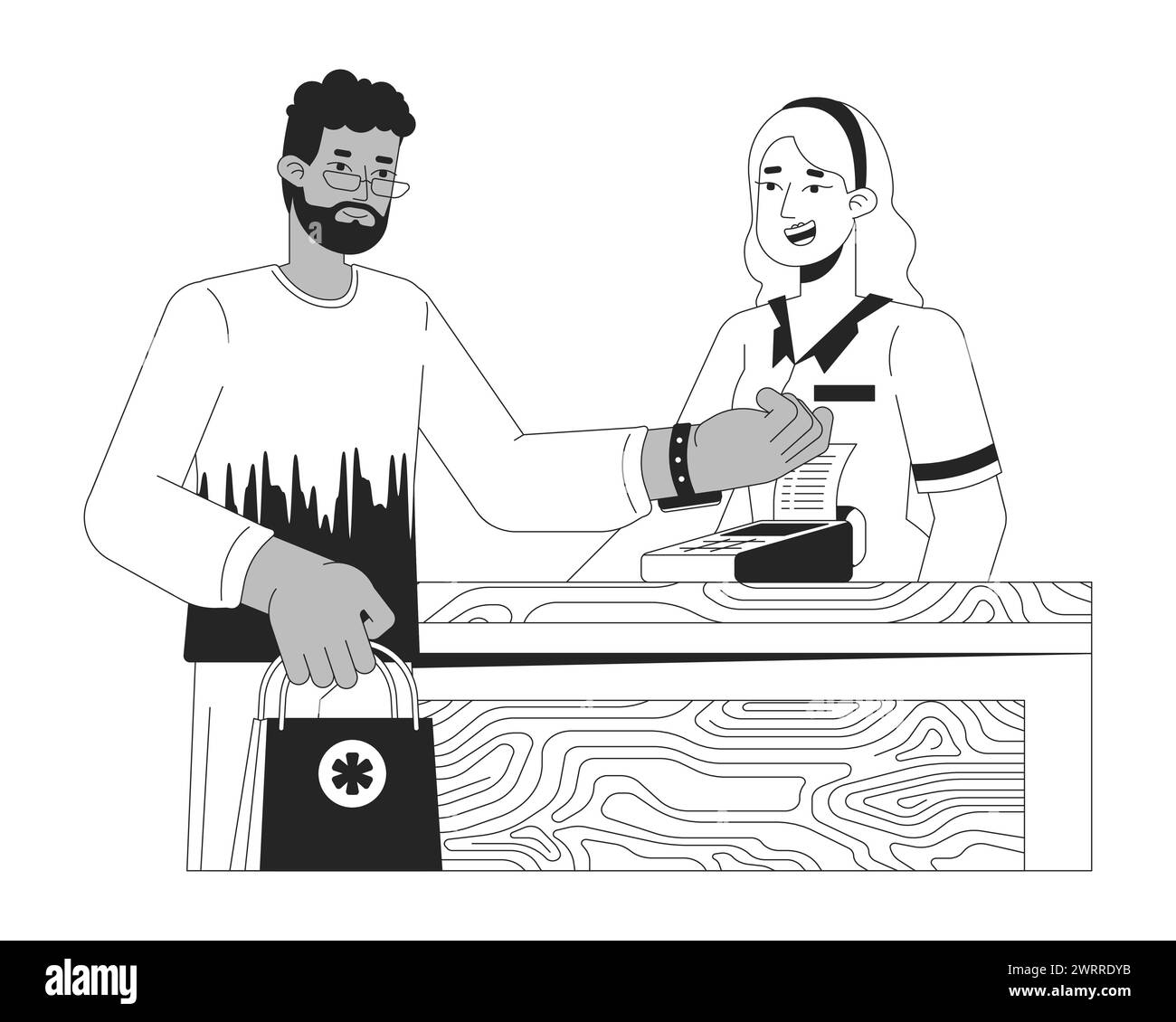 Pharmacy customer paying through nfc watch black and white 2D line ...