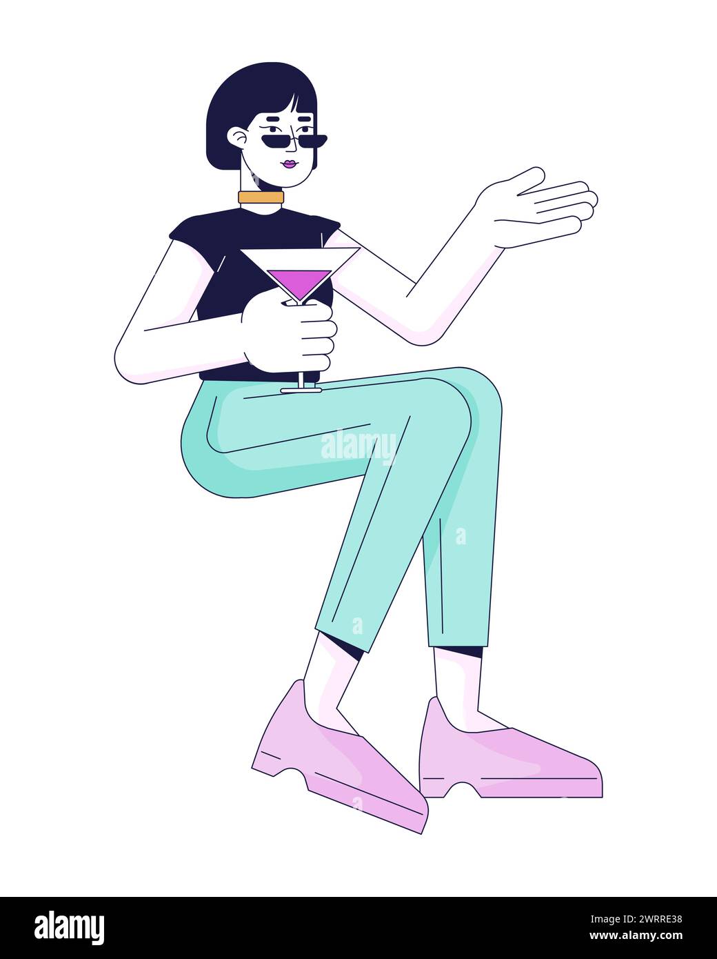 Asian woman with cocktail glass 2D linear cartoon character Stock ...